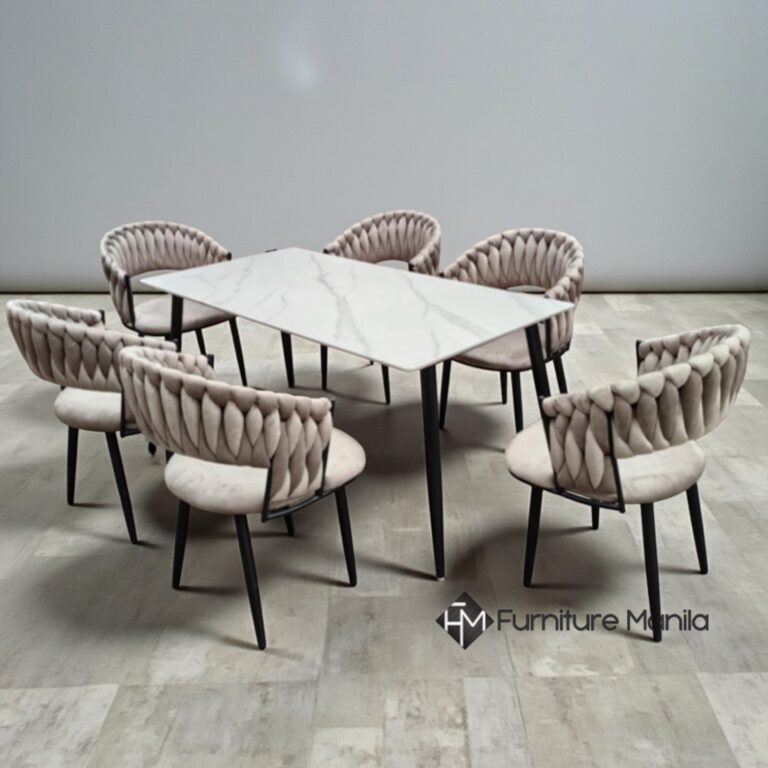 Carrara Sintered Stone Dining Set with Braided Velvet Chairs ...